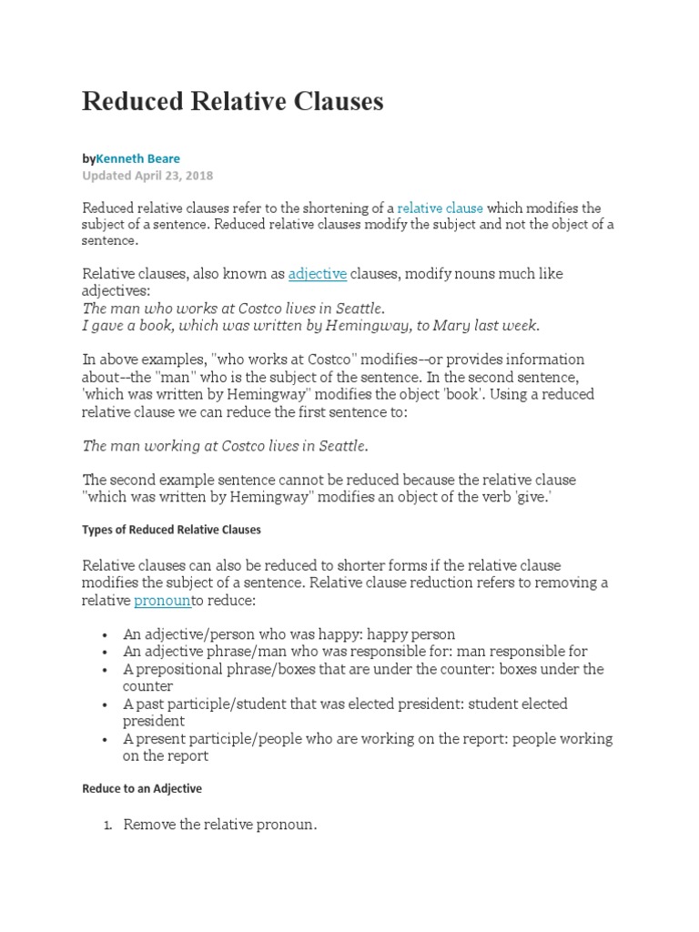 Reduced Relative Clauses | PDF | Verb | Clause