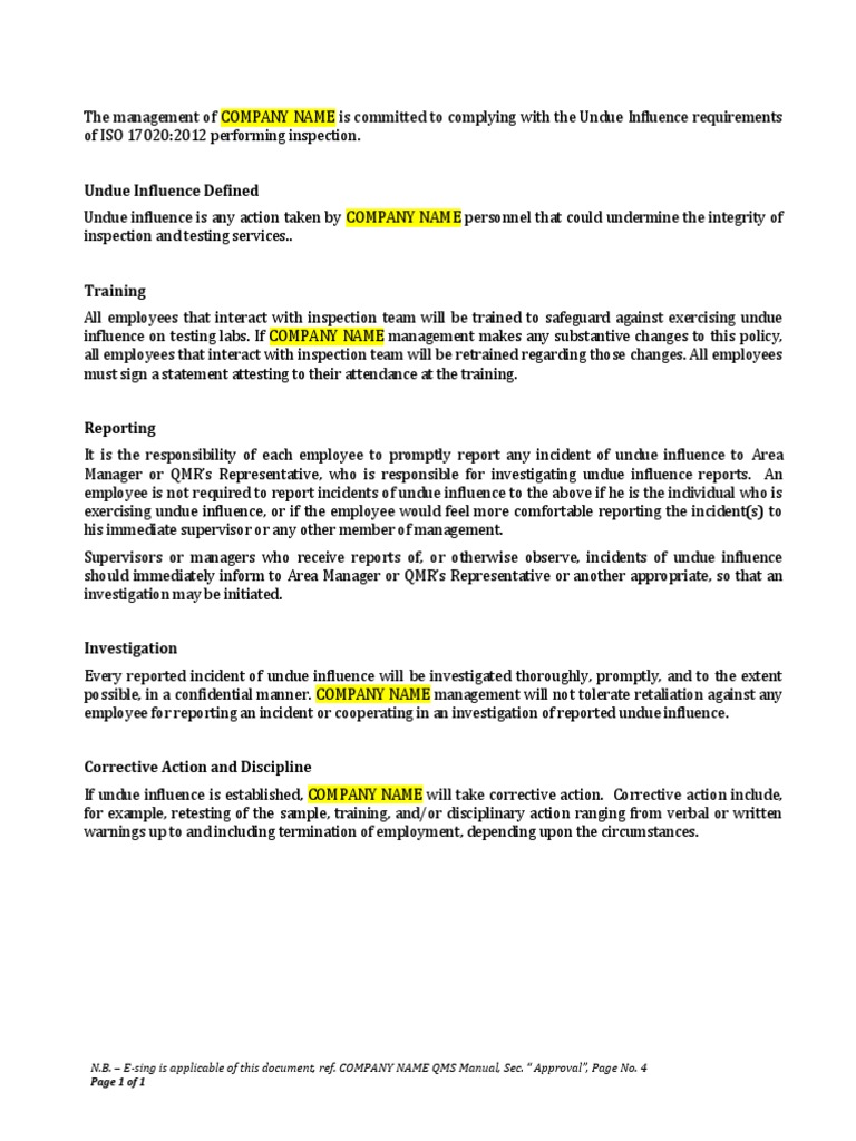 Undue Influence Policy Sample