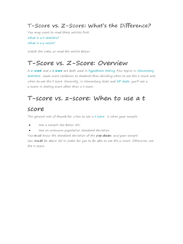 T-Score vs. Z-Score: Overview | PDF | Arithmetic Mean | Average