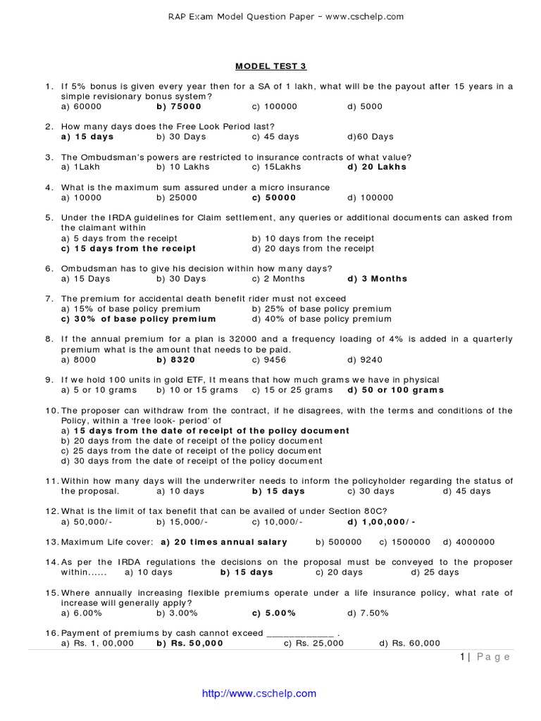 Rap Exam Question Paper Model 1 | PDF | Annuity (American) | Insurance