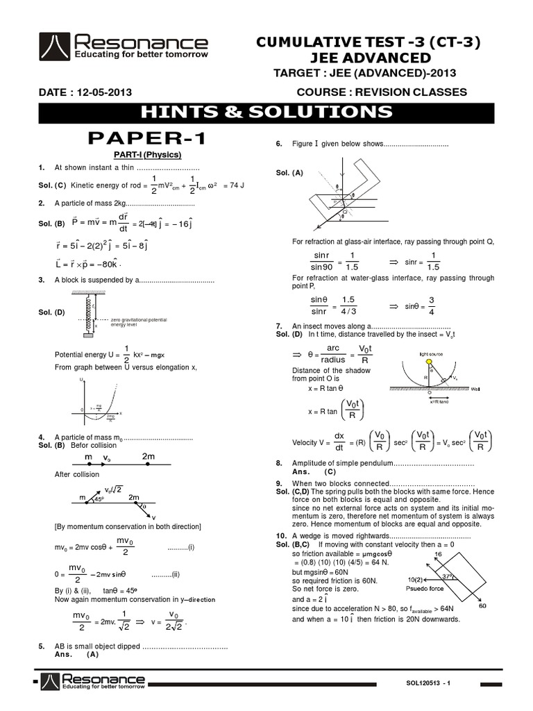 CT 3 JEE Adv 12-05-2013 Solution English | PDF | Rotation Around A ...