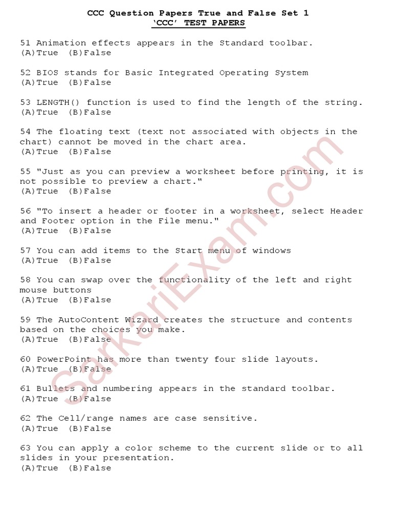 CCC Question Papers True and False Set 1-Watermark | PDF | Internet ...