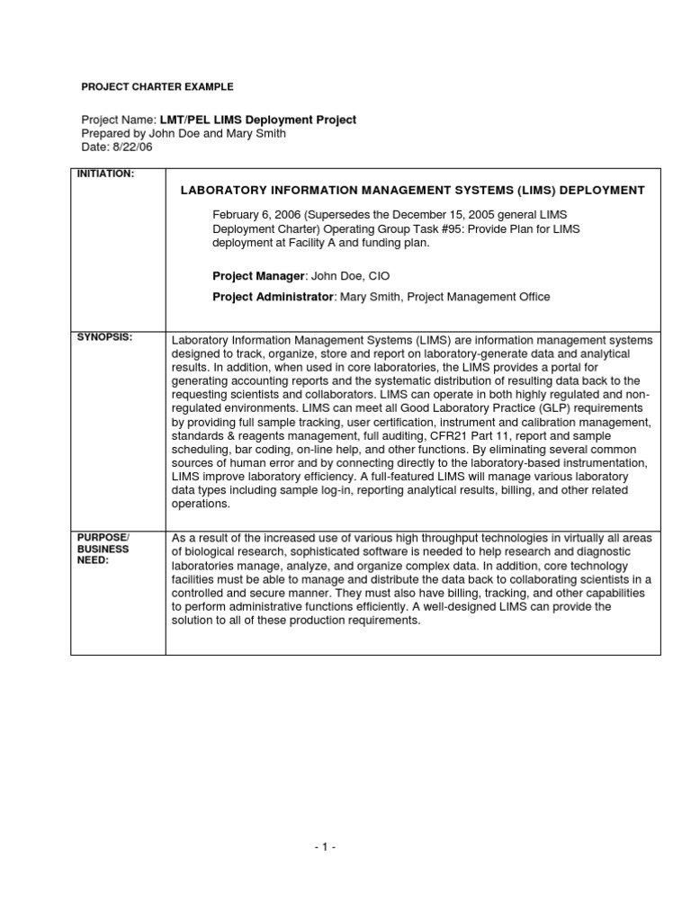 Laboratory Information Management Systems (Lims) Deployment: Project ...