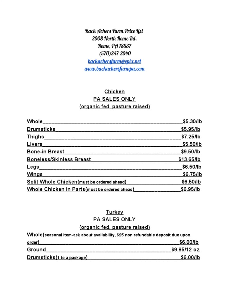 Back Achers Farm Price List 2908 North Rome Rd. Rome, PA 18837 (570 ...
