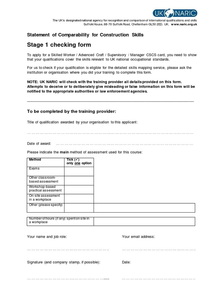 SoC Construction Skills CSCS Stage 1 Form | PDF
