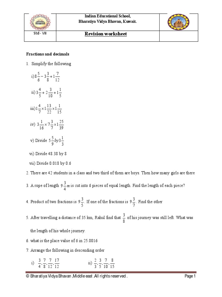 Revision Worksheet - 1 | PDF