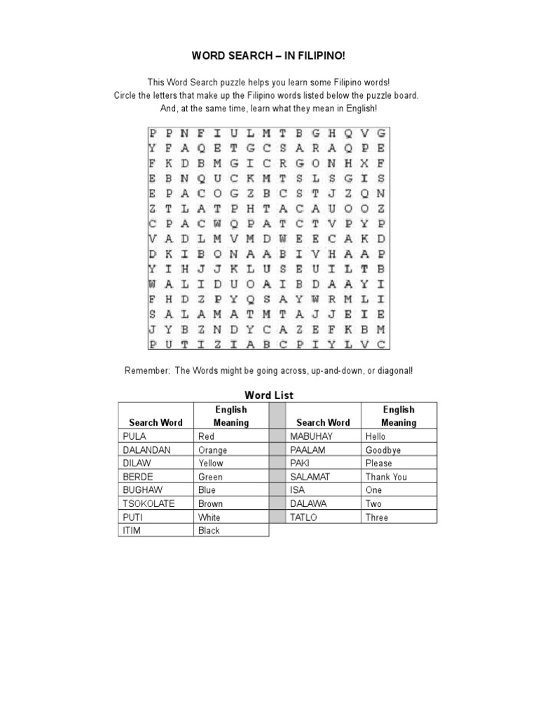 Word Search Puzzle to Learn Common Filipino Words and Their English ...