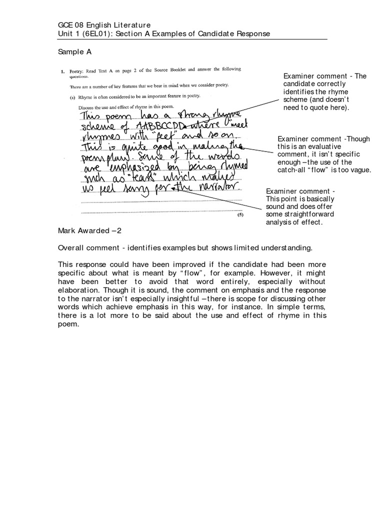 Englishlit GCE Unit 1 Section A Examples Candidates Responses | PDF ...
