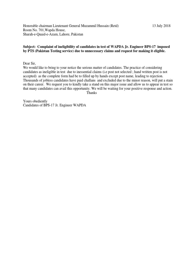 Complaint on WAPDA Jr. Engineer Test | PDF | Career & Growth | Business