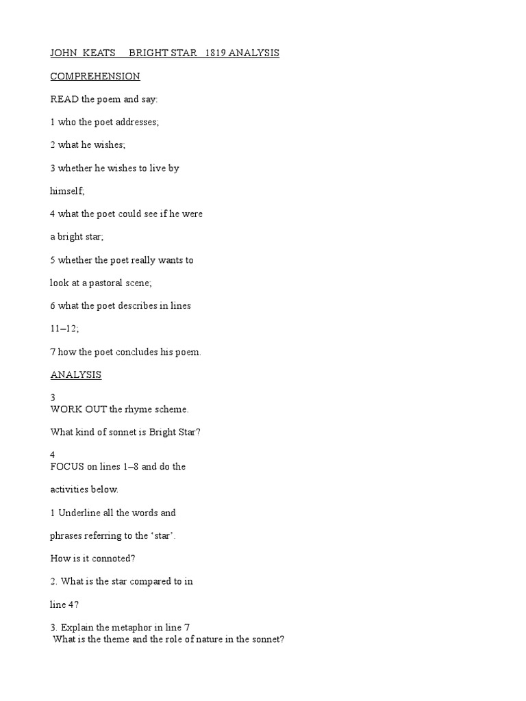 Bright Star J, Keats Exercises | PDF | Poetry | Classics