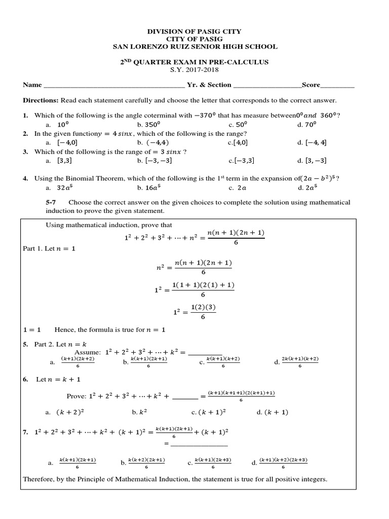 Precalc-Pre Test | PDF | Trigonometric Functions | Mathematical Concepts