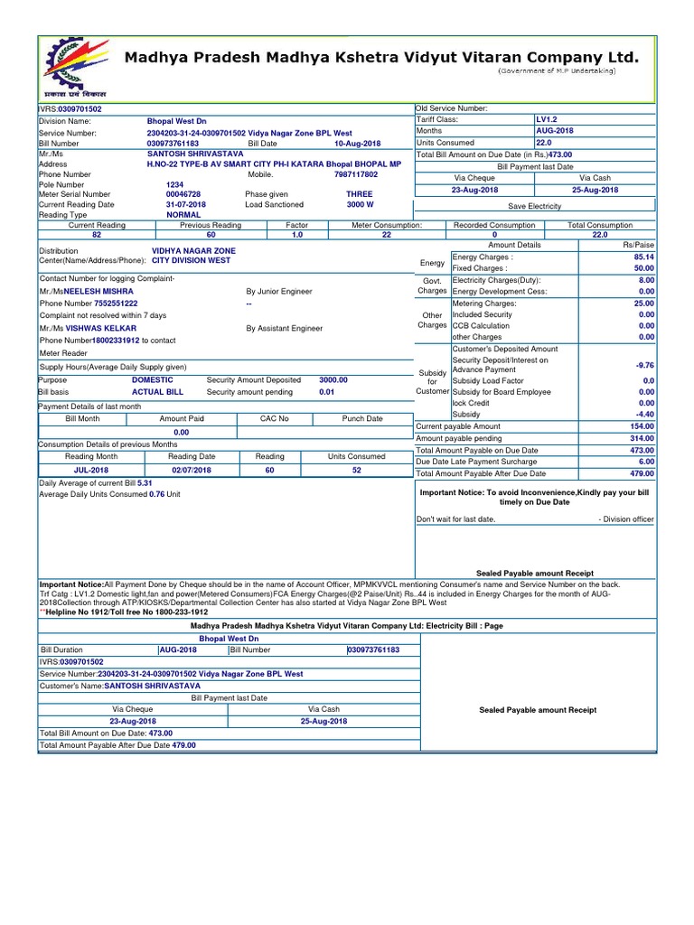 Electricity Bill Receipt PDF Cheque Payments