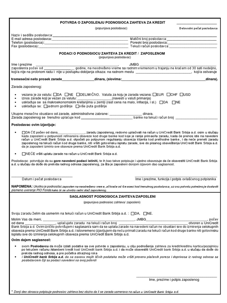 Potvrda o Zaposlenju Podnosioca Zahteva Za Kredit I Administrativna ...