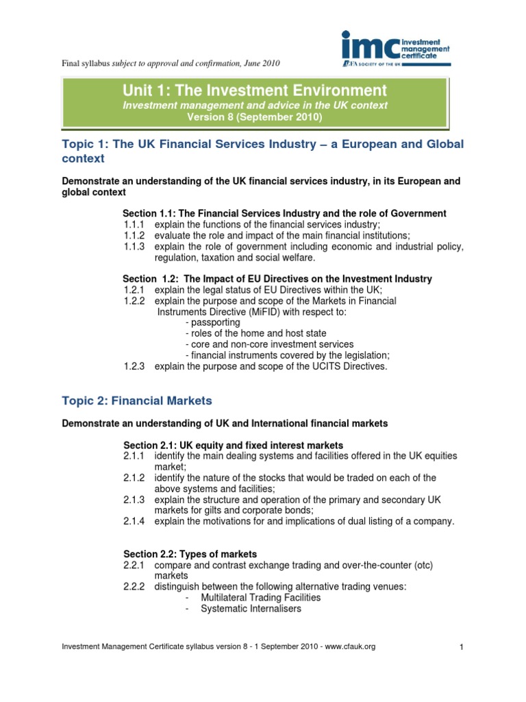 IMC Syllabus Version 8 CFA UK | PDF | Bond Duration | Futures Contract