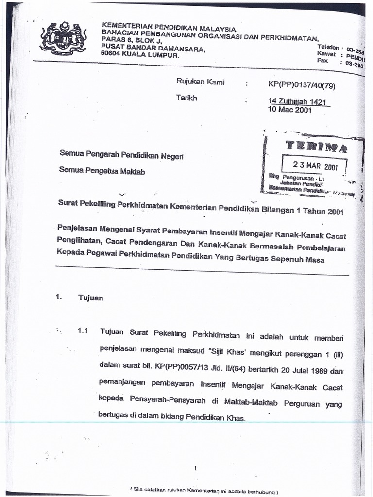 PEKELILING Bayaran Insentif Mengajar Kanak Kanak Cacat PDF | PDF