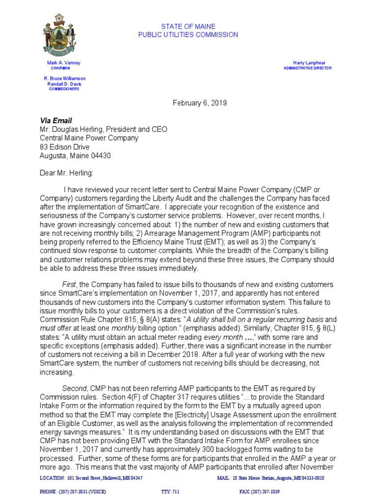 PUC Letter To CMP CEO Re: Letter Sent To Customers | PDF | Public ...