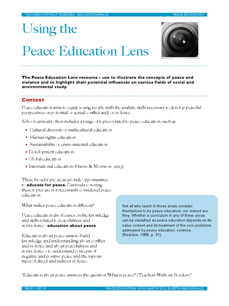 Teachers Without Borders Peace Education Lens | PDF | Violence | Camera Lens
