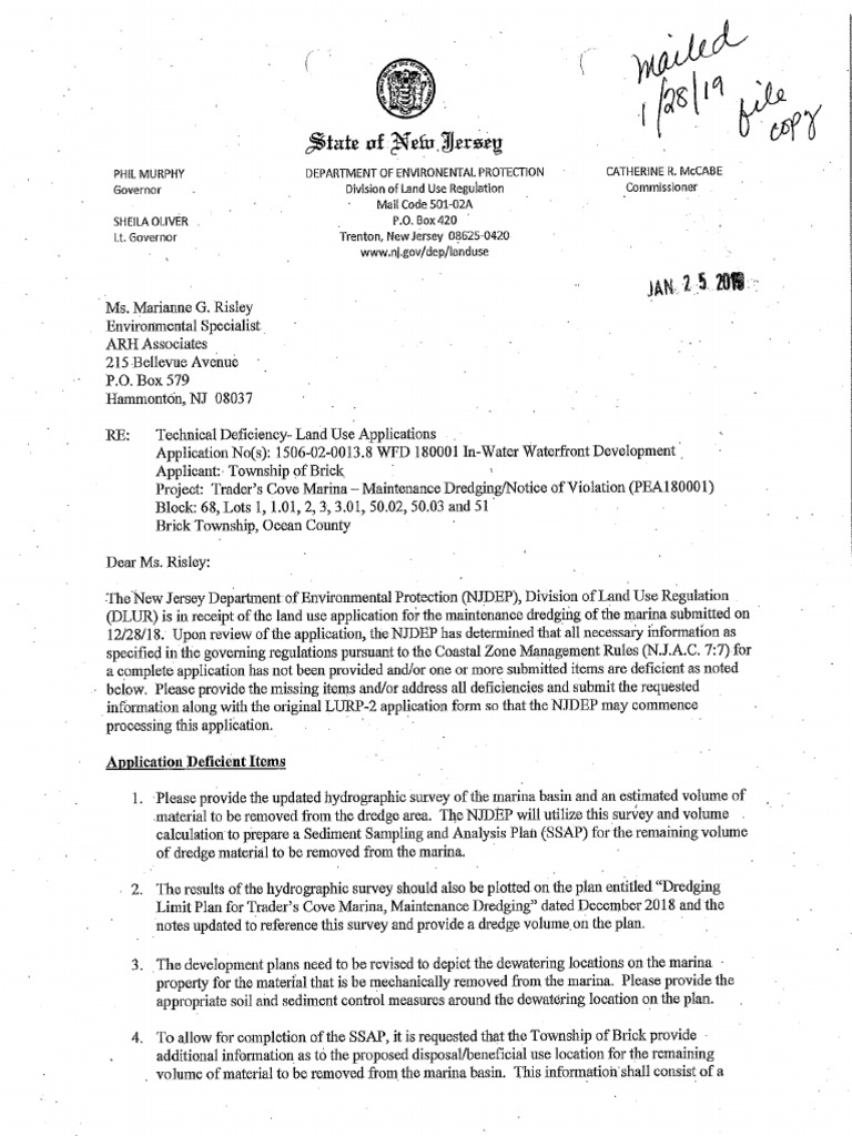 Brick Township Traders Cove DEP Technical Deficiency Letter | PDF