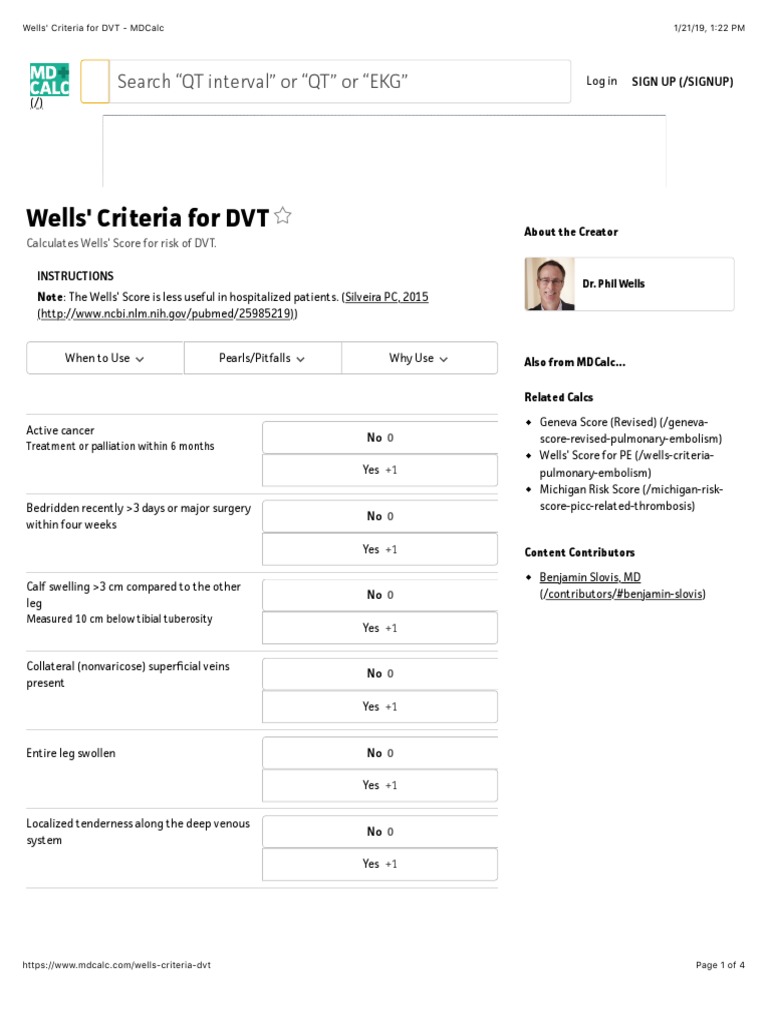 Wells' Criteria for DVT - MDCalc | Medical Specialties | Medicine