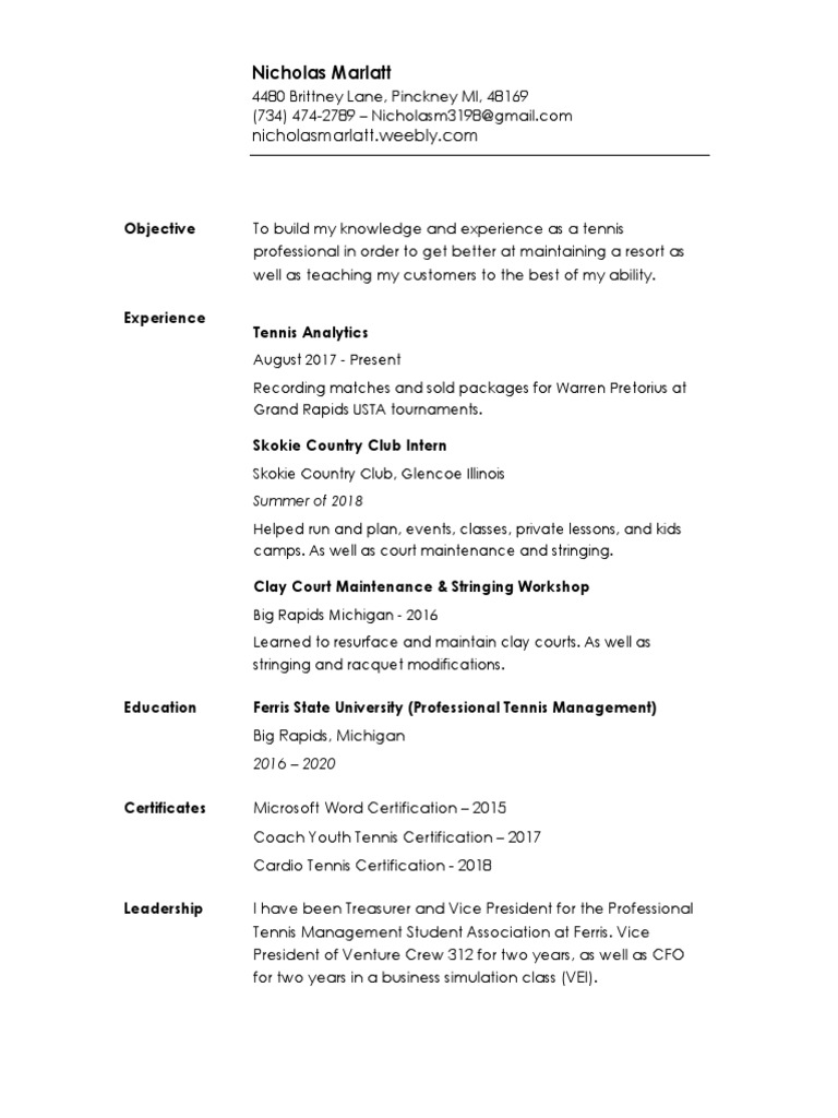 Tennis Professional Resume & Experience | PDF