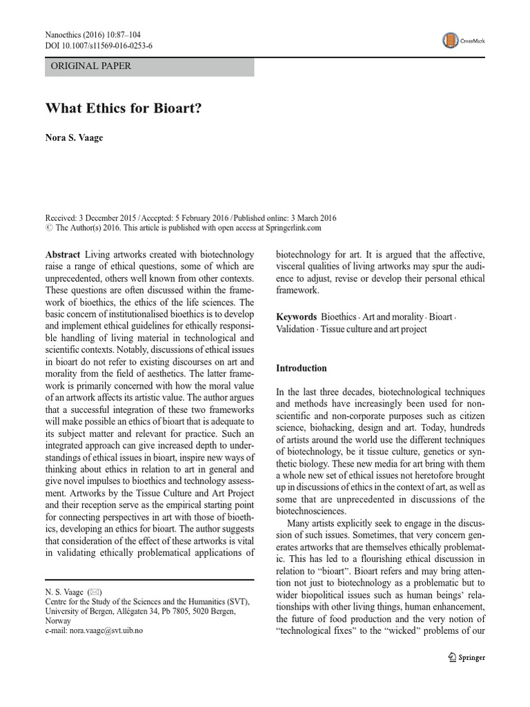 What Ethics For Bioart | PDF | Bioethics | Aesthetics