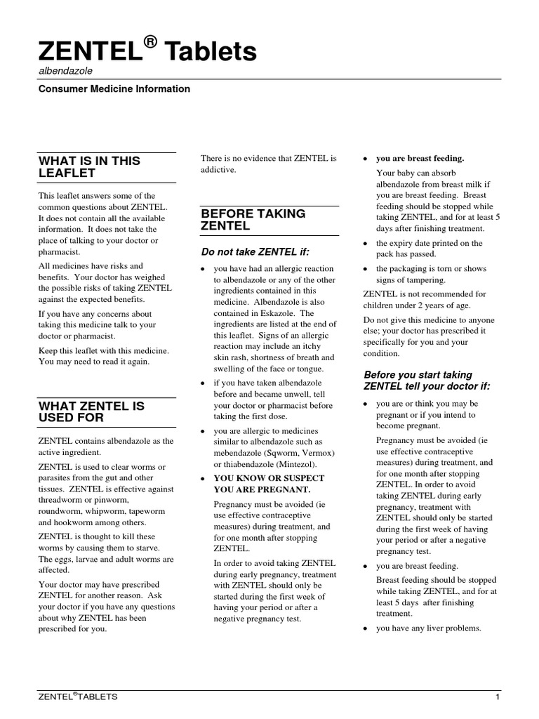 Zentel Tablets: What Is in This Leaflet | PDF | Dose (Biochemistry ...