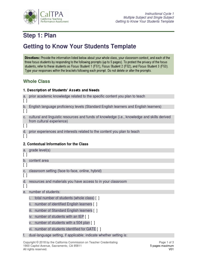 CalTPA C1 S1 A GettingToKnowYourStudents | PDF | Self Concept | Students