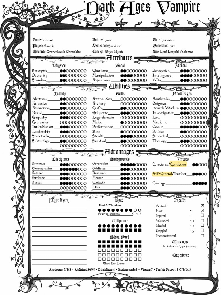The Abyss Mystic: Character Sheet for Vincent, a 7th Generation ...