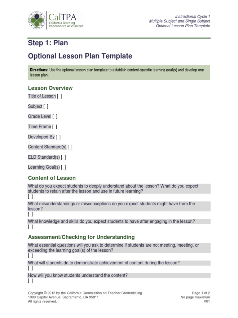 CalTPA C1 S1 B LessonPlan OptionalTemplate | PDF | Lesson Plan ...