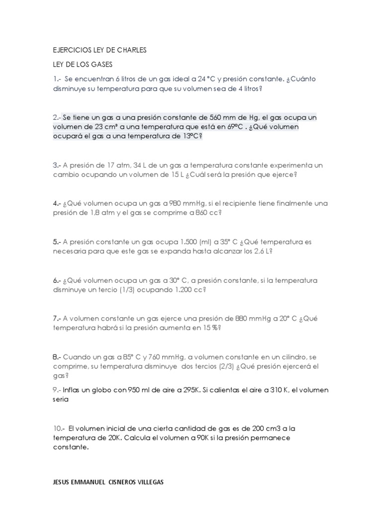 Ejercicios Ley de Charles | PDF | Gases | Temperatura