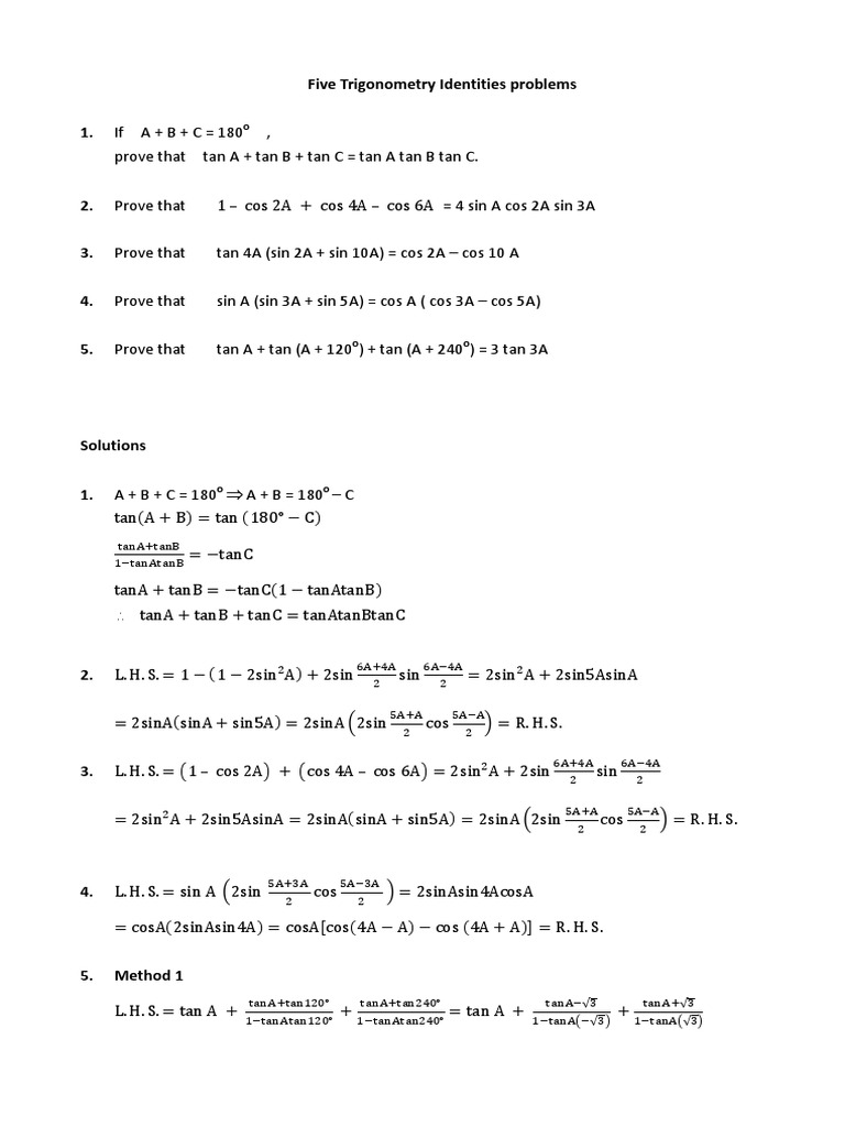 Five Trigonometry Identities Problems | PDF | Trigonometric Functions ...