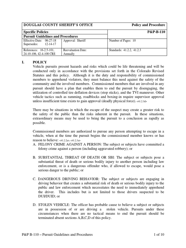 Douglas County Sheriff's Office Pursuit Policy | PDF | Police Car | Police