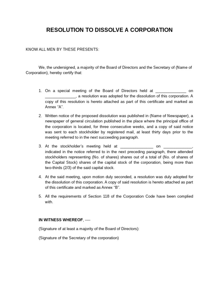 Board Resolution for Corporate Dissolution | PDF | Law