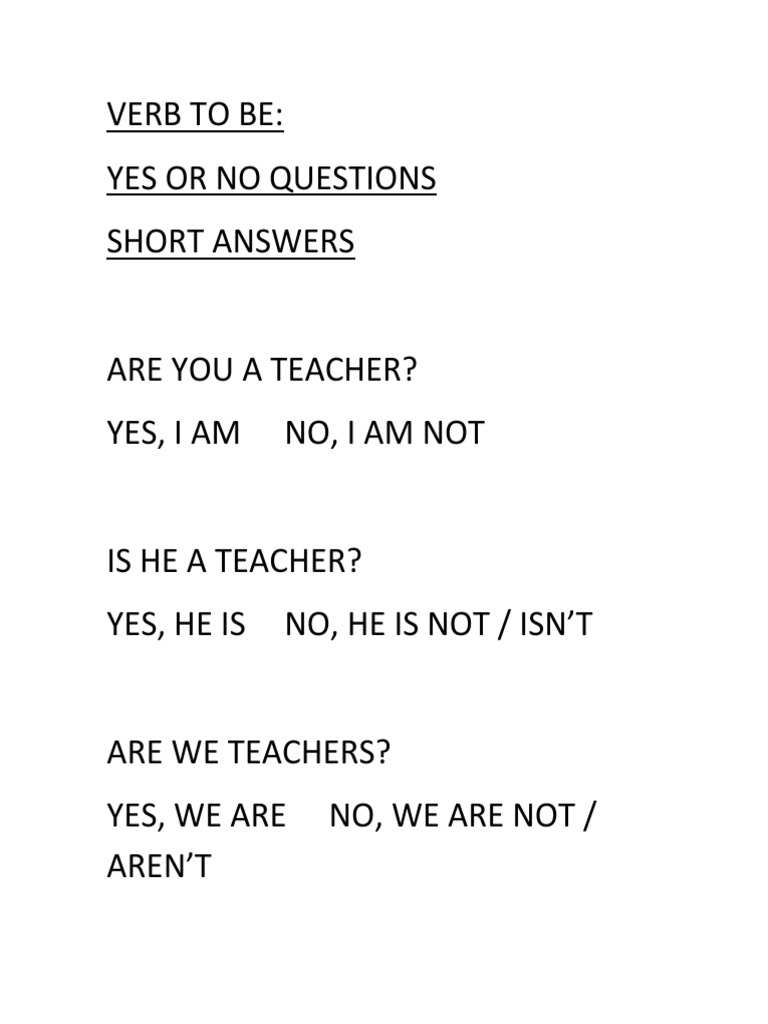 Verb To Be: Yes or No Questions Short Answers | PDF