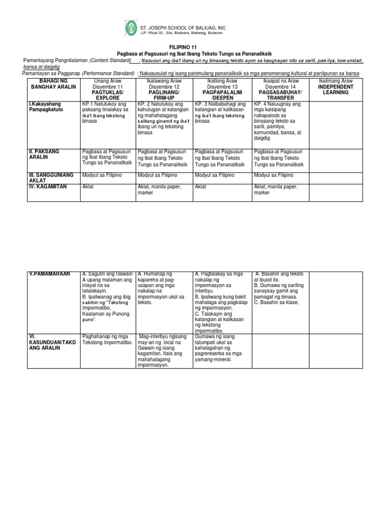 DLL Filipino 11 PAgbasa | PDF