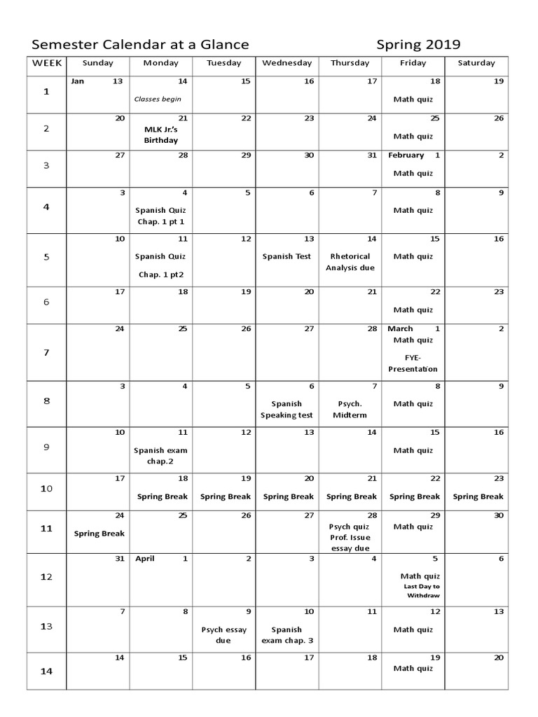 Semester Calendar Spring 2019 | PDF