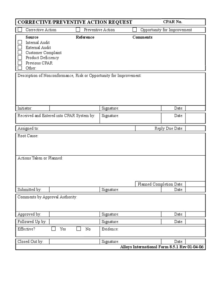 8.5.1 Corrective Preventive Action Form | PDF