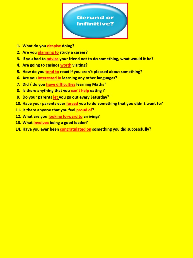 Gerunds and Infinitives Speaking | PDF