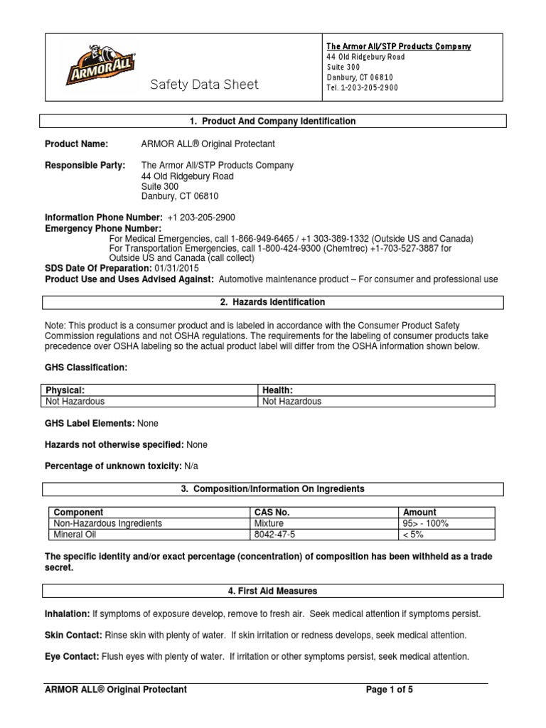 Armor All Original Protectant (2015-01) SDS English | PDF | Toxicity ...