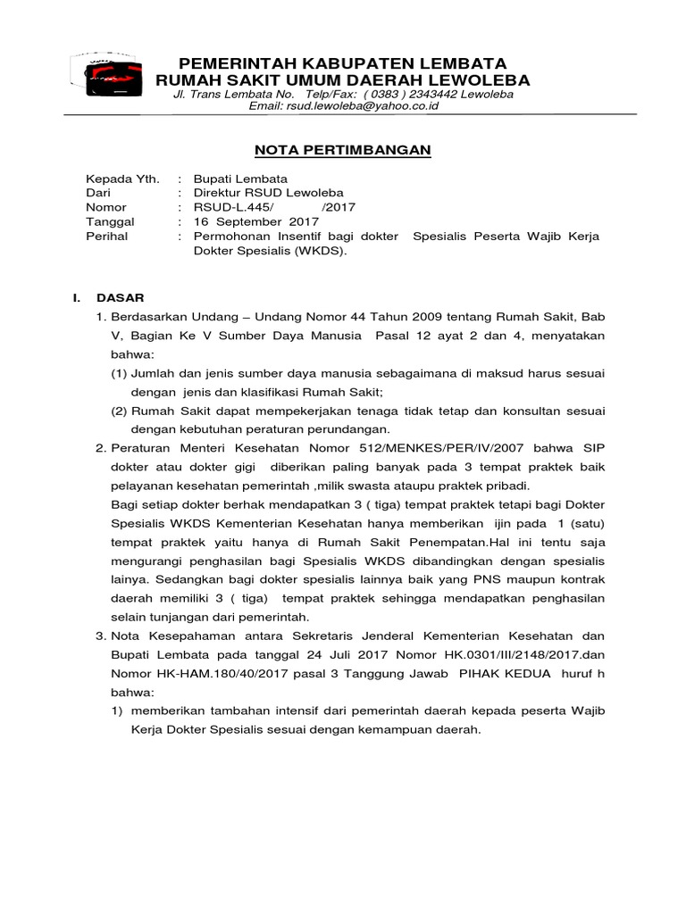 Nota Pertimbangan Tambahan Insentif Bagi Dokter Spedialis WKDS
