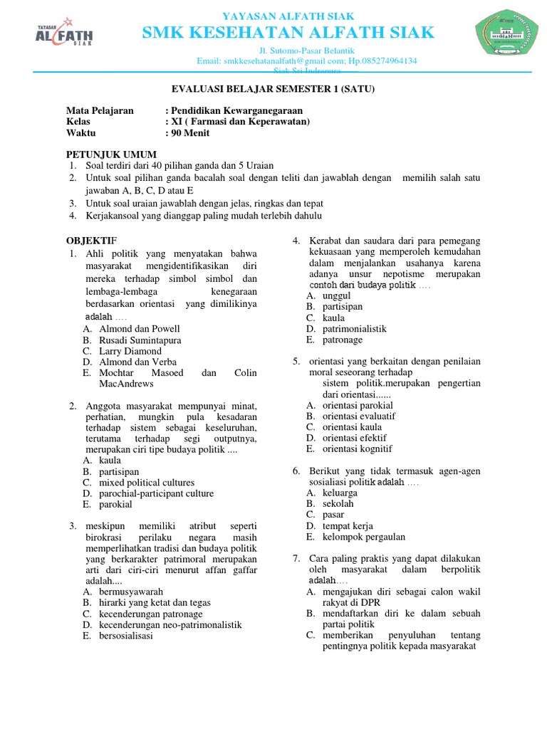 Soal Ujian PKN Kelas Xi Semester 1 | PDF