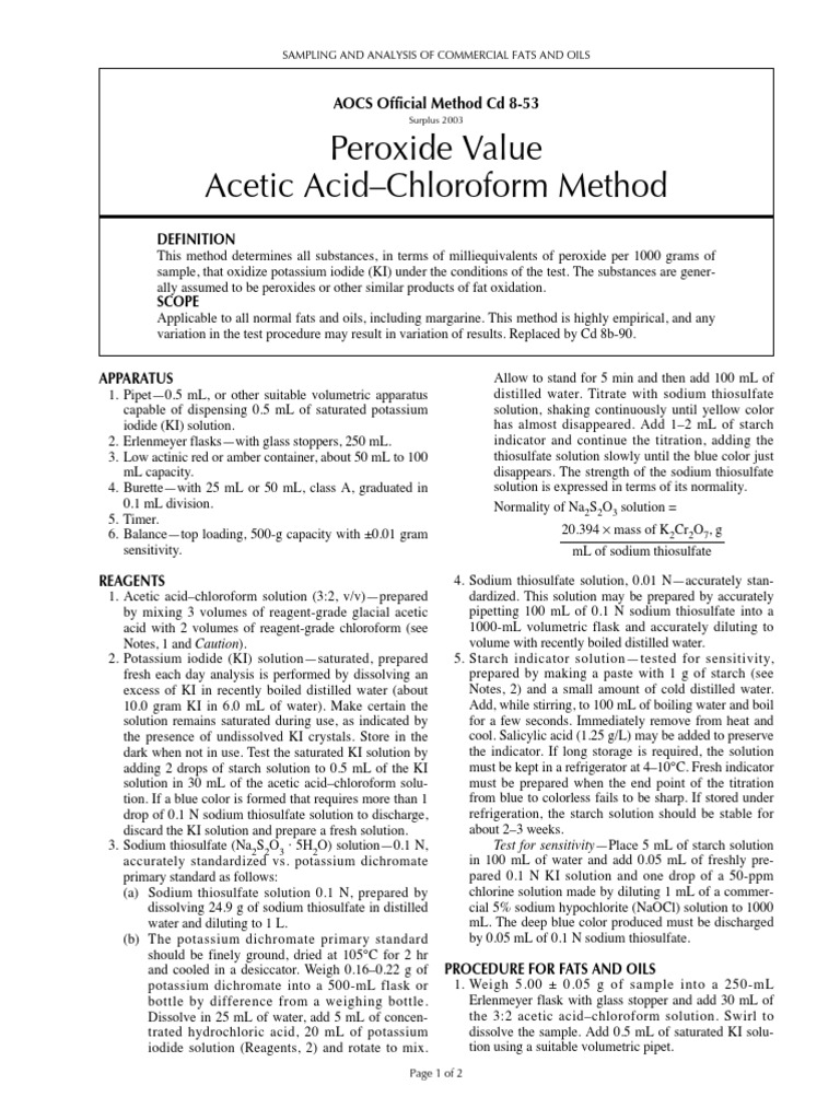 AOCS CD 8 53 Peroxido Con CL PDF | PDF | Titration | Chemistry