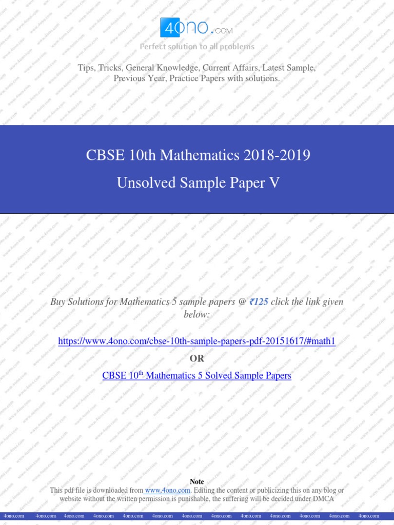 CBSE 10th Math 2018-19 Sample Paper | PDF | Sphere | Quadratic Equation