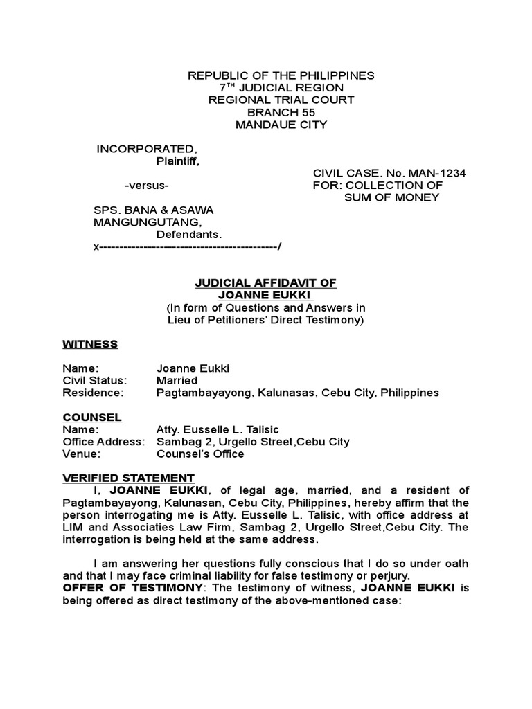 Judicial Affidavit Sample Collection Sum of Money | PDF | Perjury ...