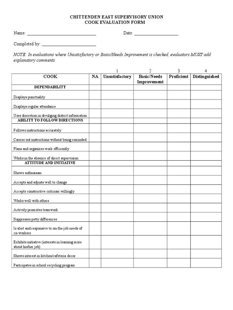 Chittenden East Supervisory Union Cook Evaluation Form: Explanatory ...