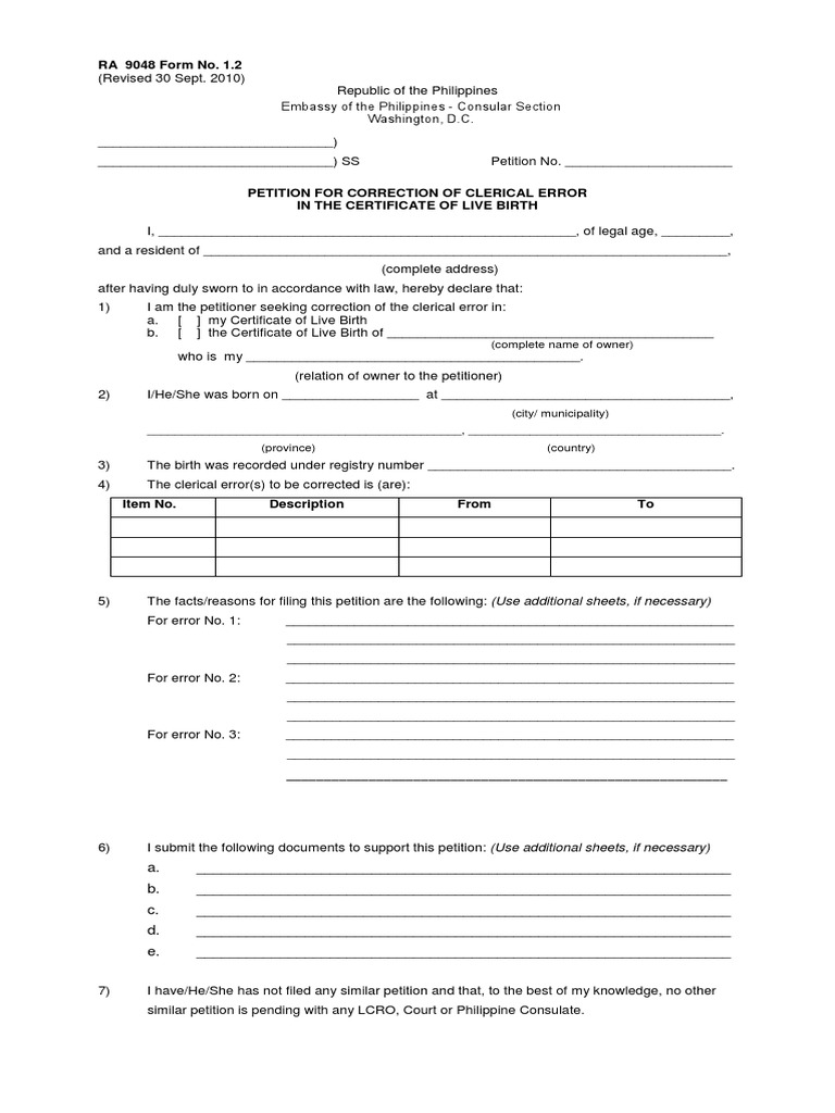 RA 9048 Form No. 1.2 Petition-correction-live-birth-Entry | PDF ...