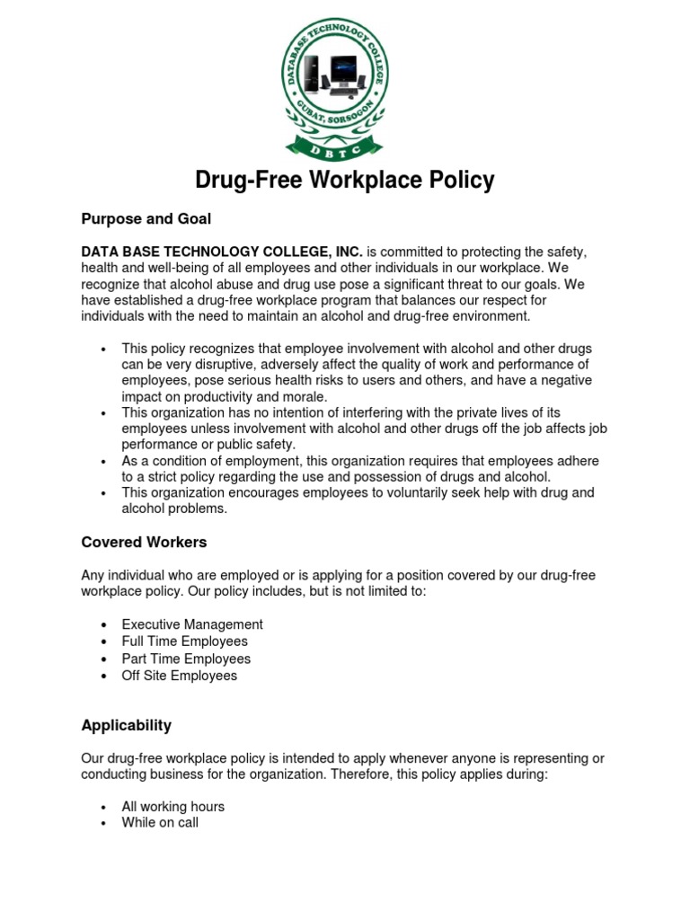 Drug-Free Workplace Policy: Purpose and Goal | PDF | Drug Test ...