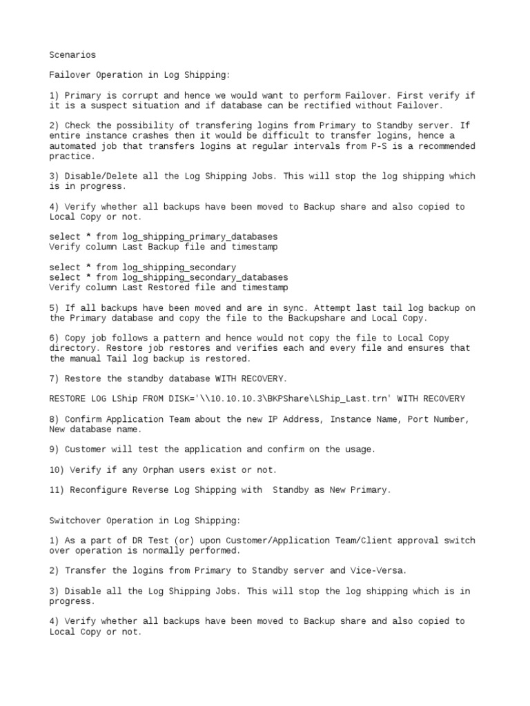 007 Log Shipping Scenarios Failover Switchover | PDF | Backup | Databases