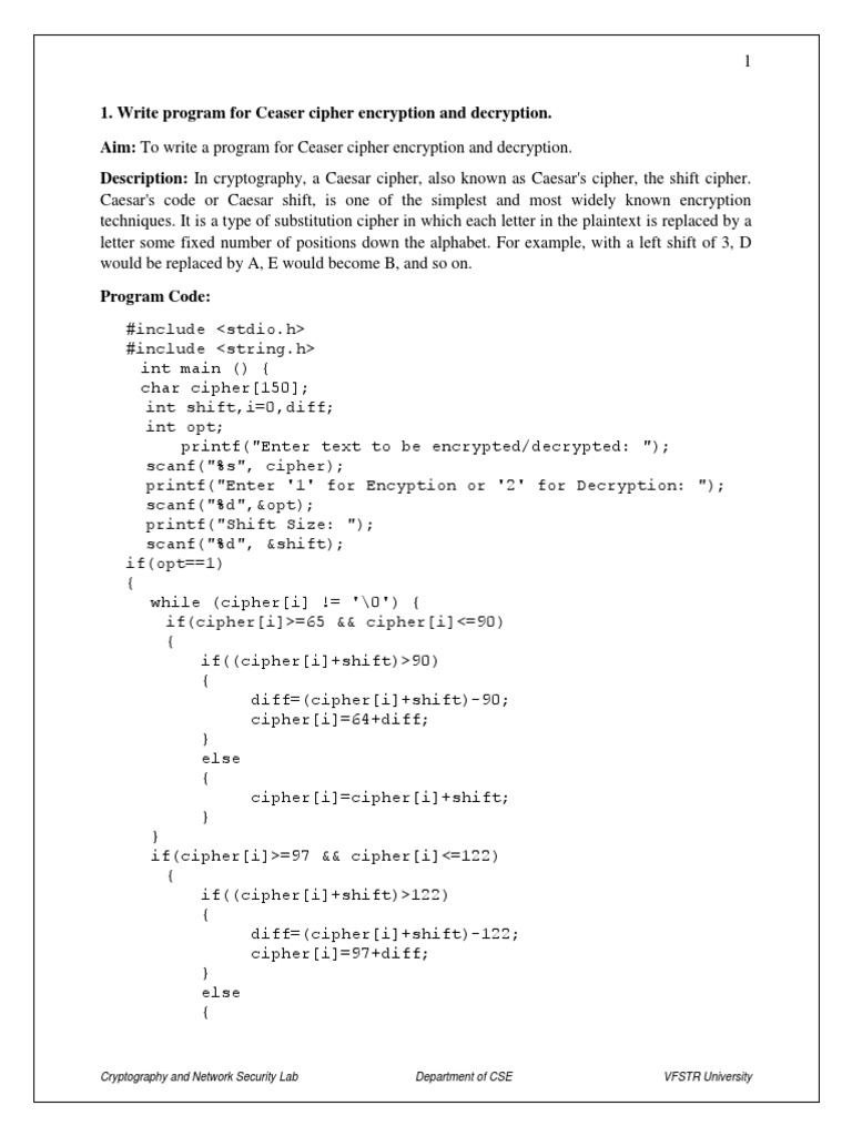 Cryptography and Network Security Lab Department of CSE VFSTR University | PDF | Cipher ...
