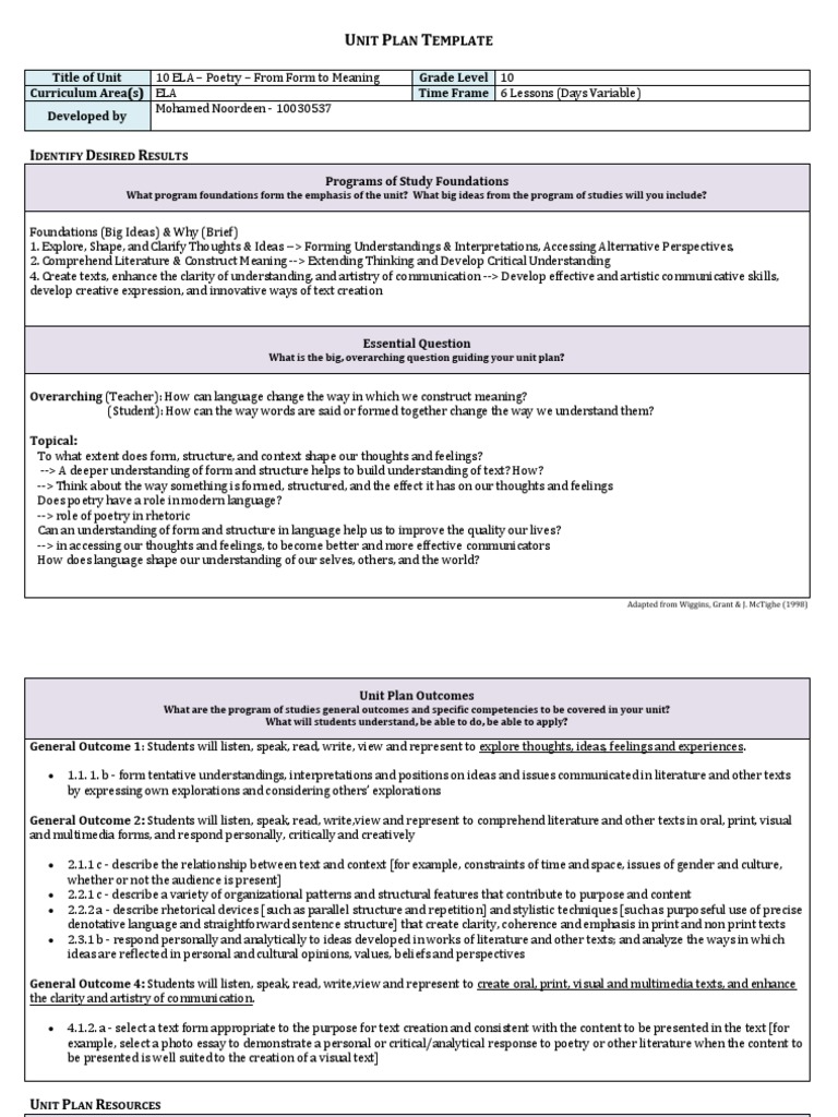 Title of Unit Grade Level 10 Curriculum Area(s) ELA Time Frame 6 ...